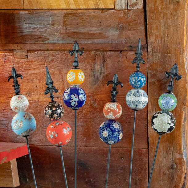 Arlmont & Co. Koball 6- Pieces Assorted Ceramic Sailor Ball Garden Stake with Iron Finial | Wayfair